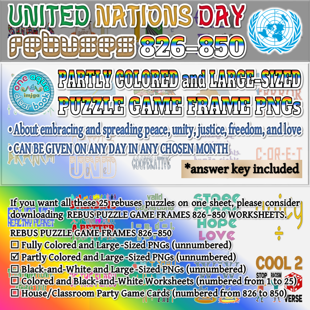 Partly Colored UNITED NATIONS DAY Rebus Puzzle Game Frames 826–850 PNGs
