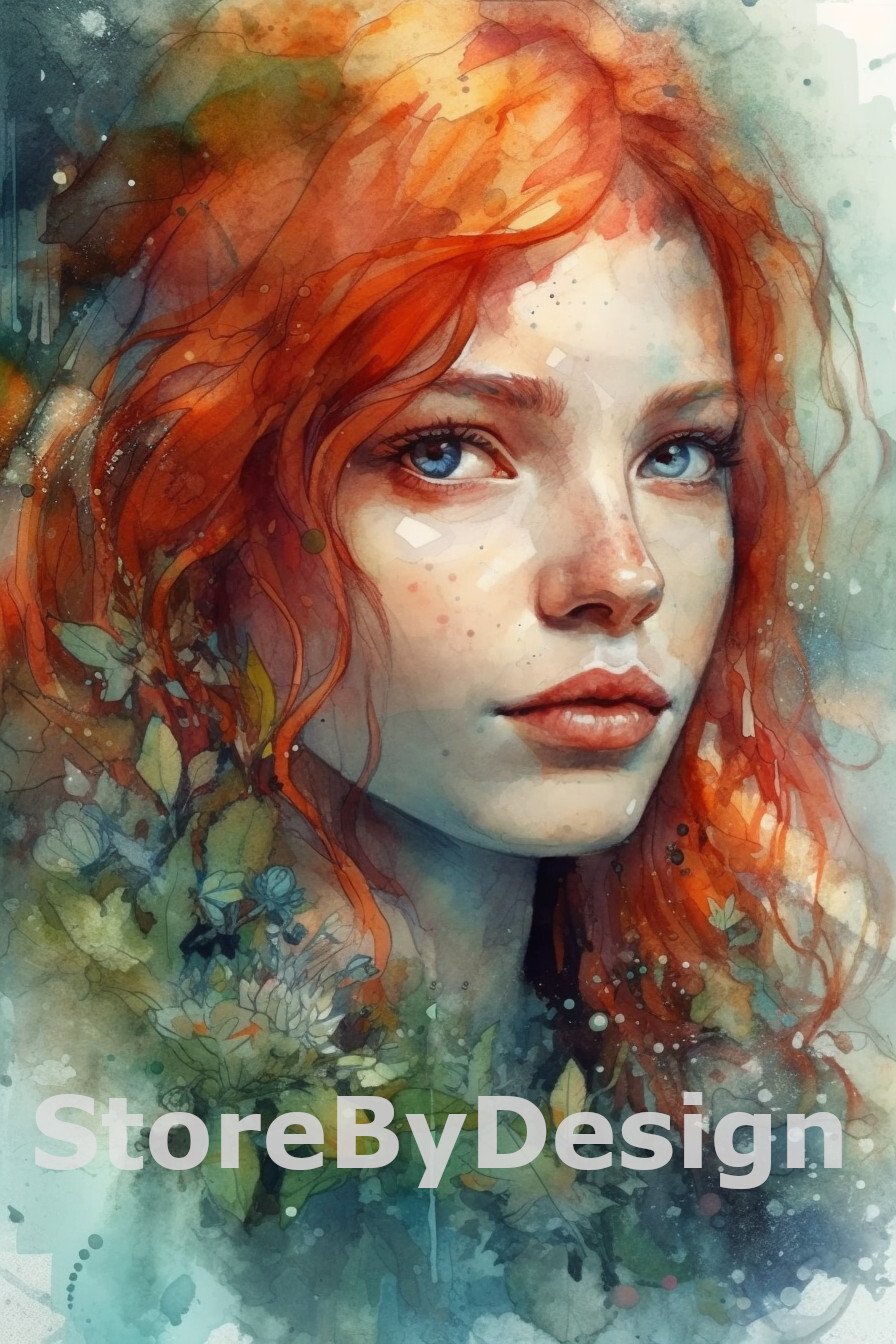 Watercolor of red hair woman
