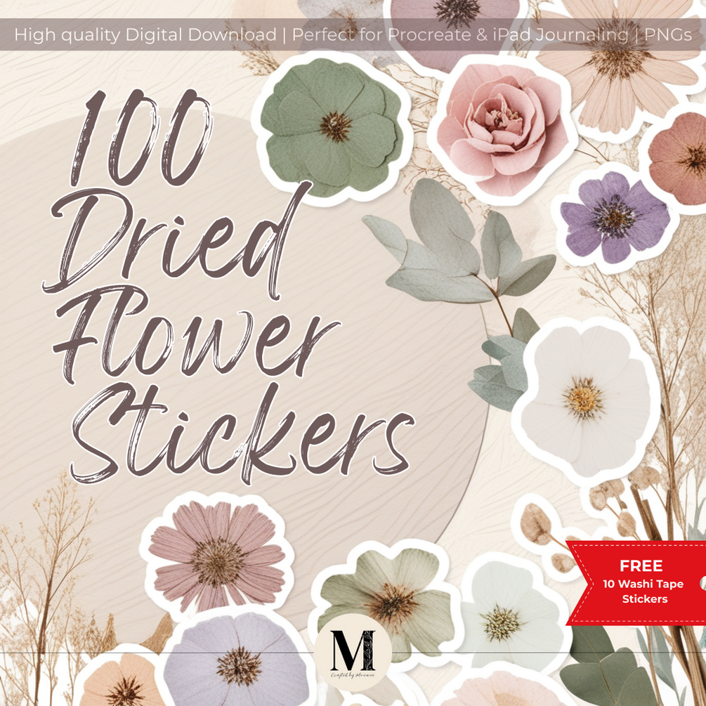 100 Dried Flower Digital Stickers PNG | Aesthetic Procreate Stickers ...