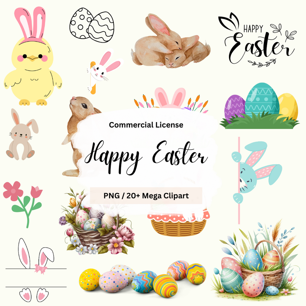 Watercolor Easter Clipart. Country Easter clipart. Easter Basket, Easter Bunny. Spring clipart.
