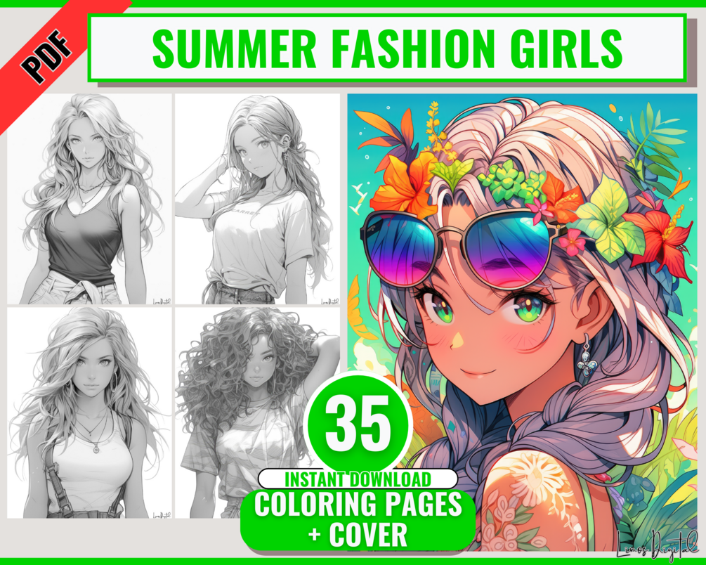 Summer Fashion Girls Adult Coloring Book 35 Summer Coloring Pages ...