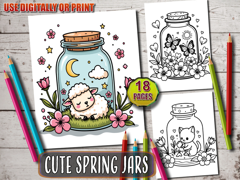 Cute Spring Jars Coloring Pages, Kawaii Printable Coloring-Book,Thick ...