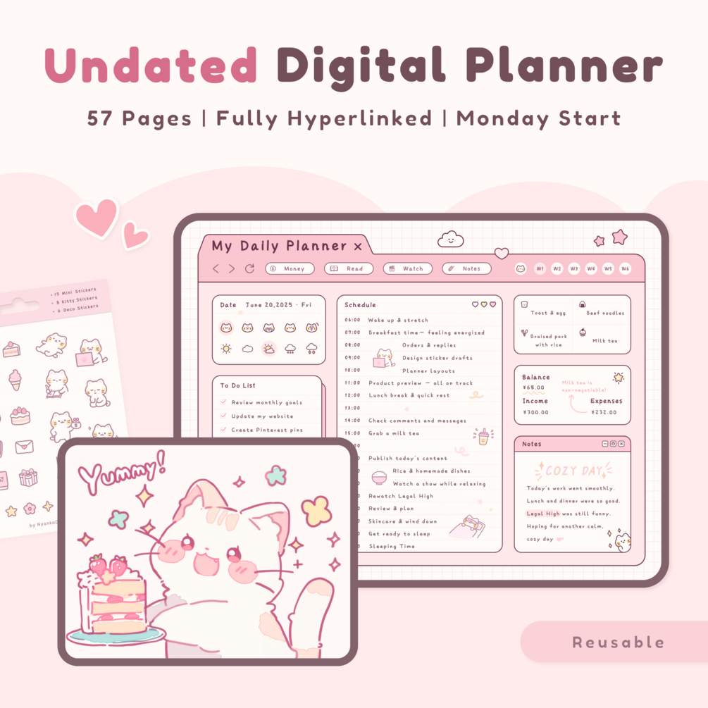 Undated Digital Planner | Monthly, Weekly, Daily | Strawberry Fluffy Ice