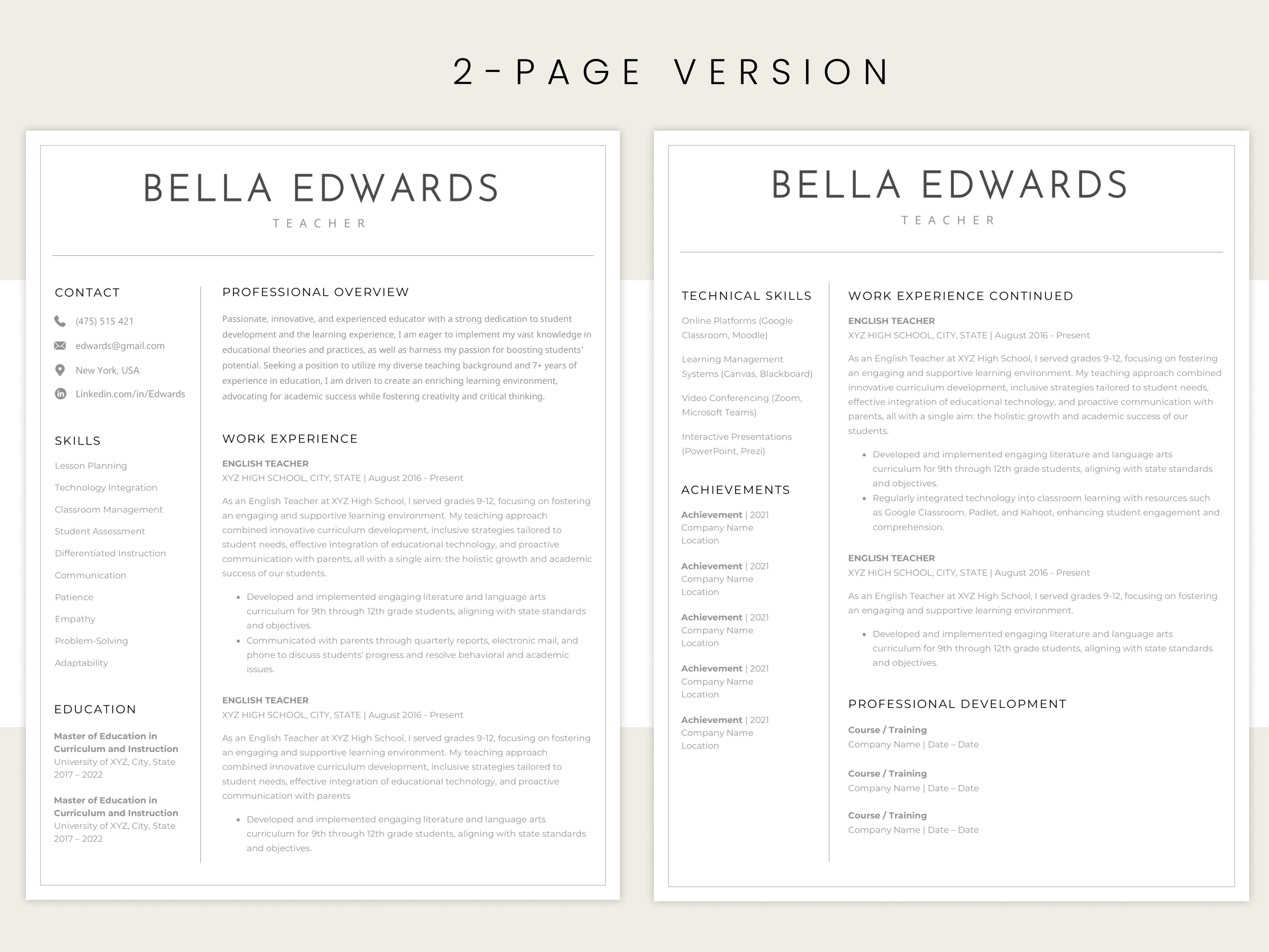 Clean, Simple, Modern, Minimalist Resume Template for Word, 2 Page ...