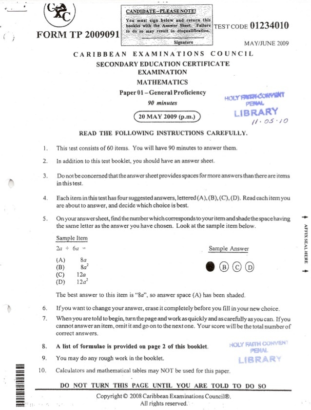 CXC MATHS PAPER 1 - 2009,2012