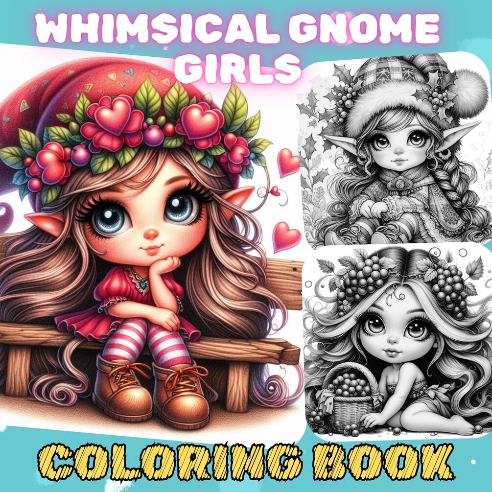Whimsical Gnome Girls Coloring Book for Kids and Adults