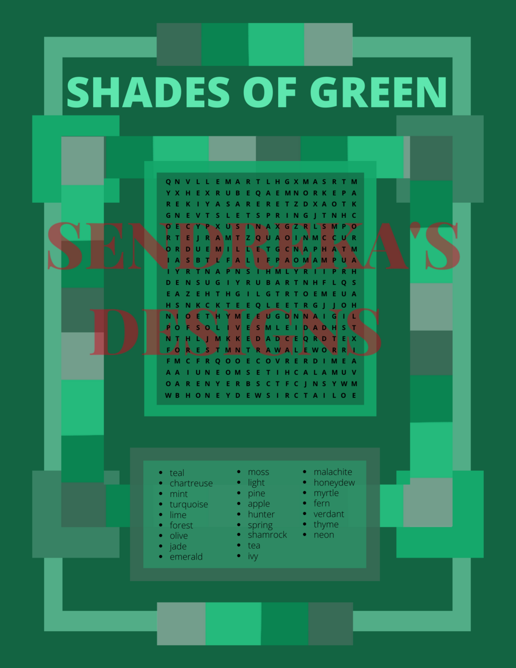 PDF Word Search Puzzle with Shades of Green Theme
