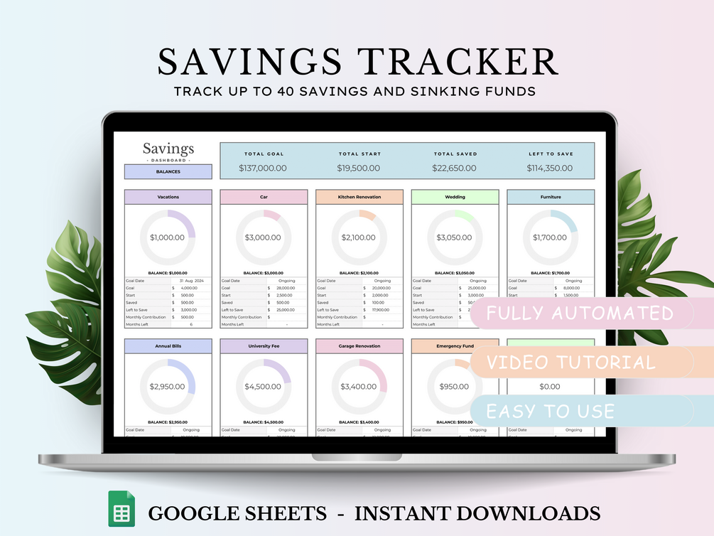 Sinking Funds Tracker for Google Sheets - Savings Tracker