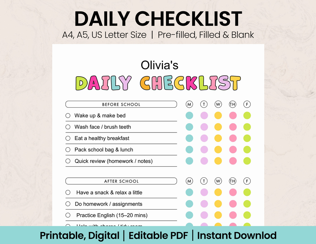 Editable Daily School Checklist: Kids Before & After School Routine ...