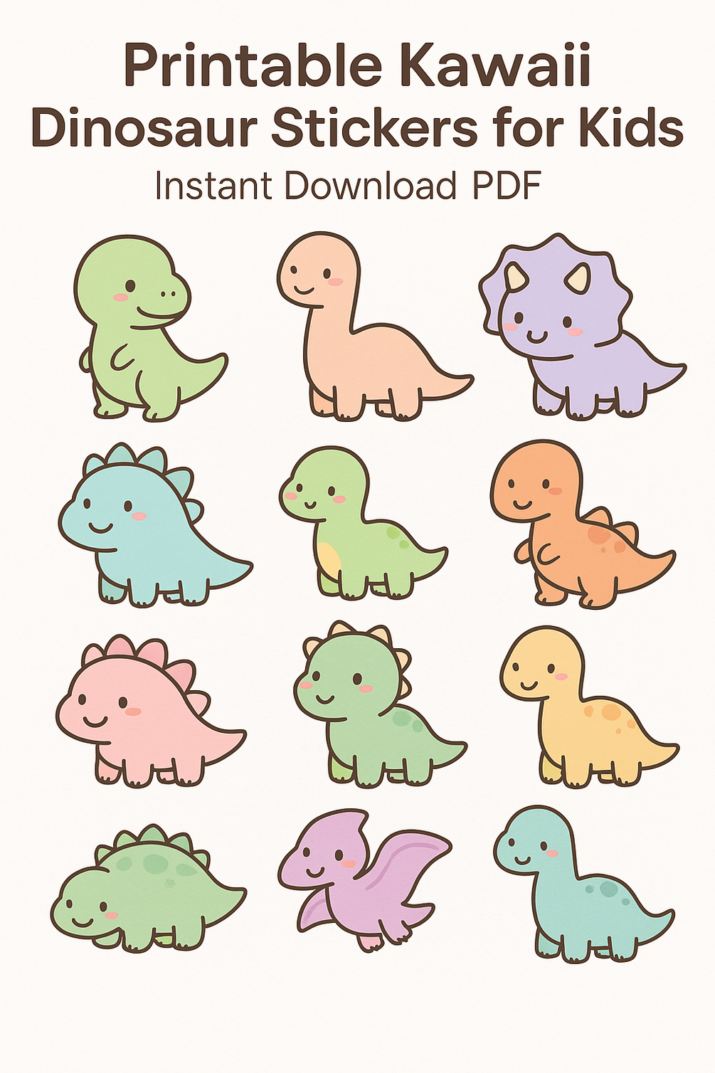 Printable Kawaii Dinosaur Stickers for Kids – Cute Pastel PDF (8.5x11)