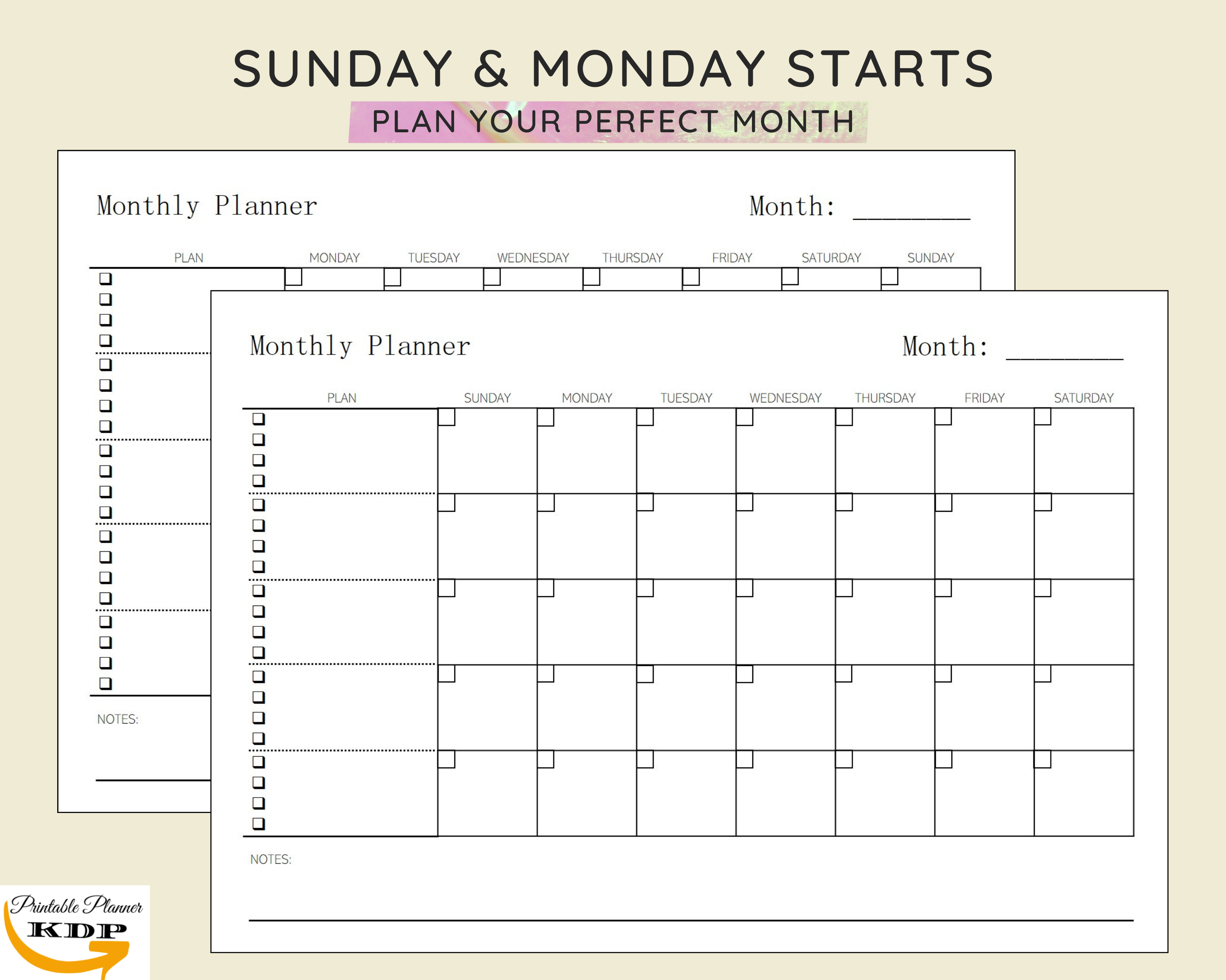 Undated Monthly Planner Printable Landscape