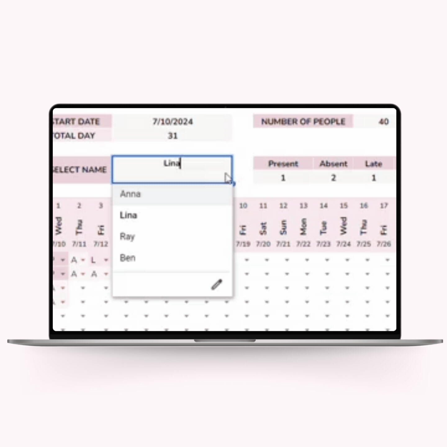 Attendance Tracker Spreadsheet – 3 color version (blue, pink,purple)