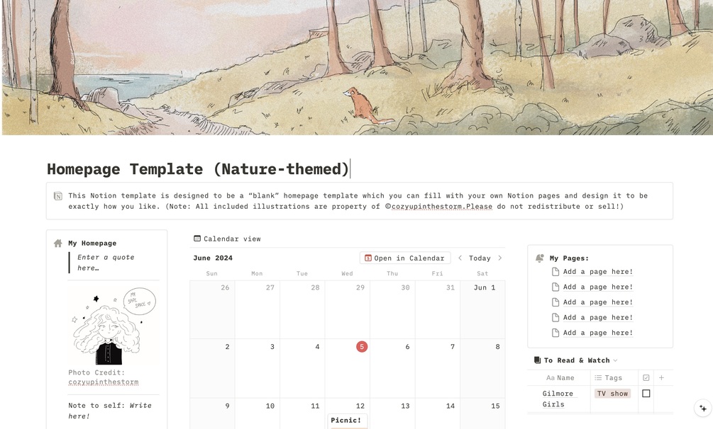 My Homepage Blank Template (Nature-themed version) | Simple Notion Planner