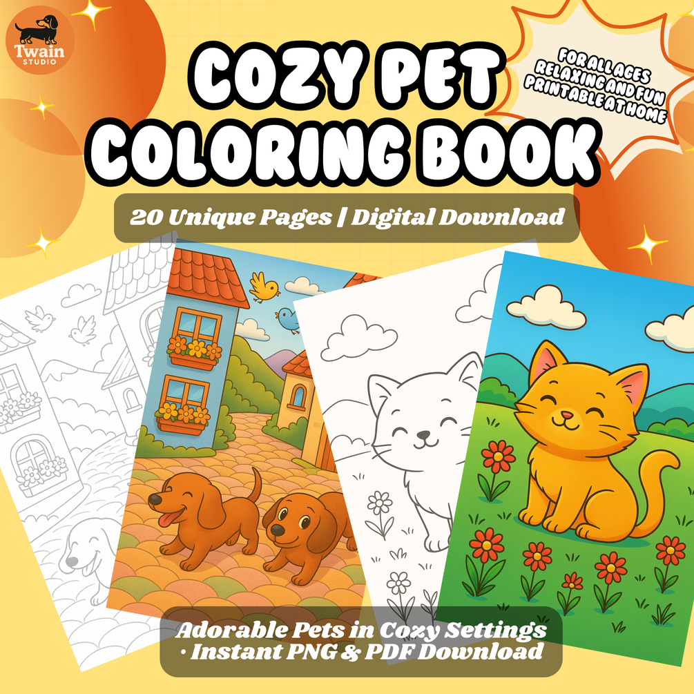 Cozy Pet Coloring Book for Kids and Adults - 20 Page Printable Animal ...
