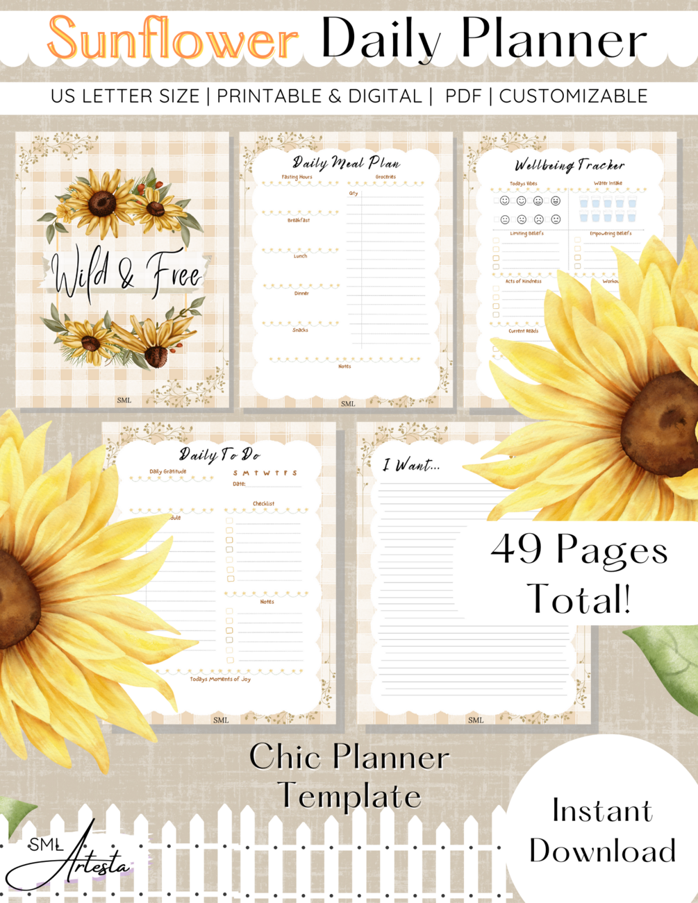 SUNFLOWER Daily Planner - Bundle of 49 - Digital & Printable - 8.5x11 - PNG
