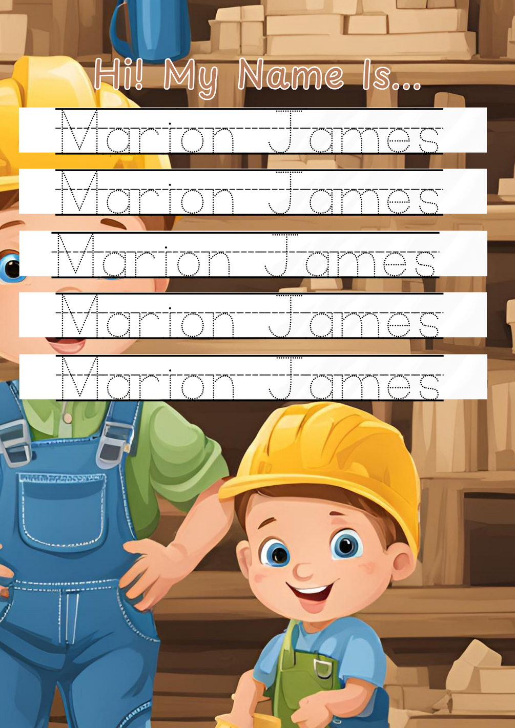Custom Builder-Themed Name Tracing Worksheets - Printable PDF