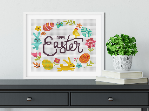 HAPPY EASTER Cross Stitch Pattern PDF Cute Nursery Embroidery Easter Rabbit Egg Flower Butterfly ...