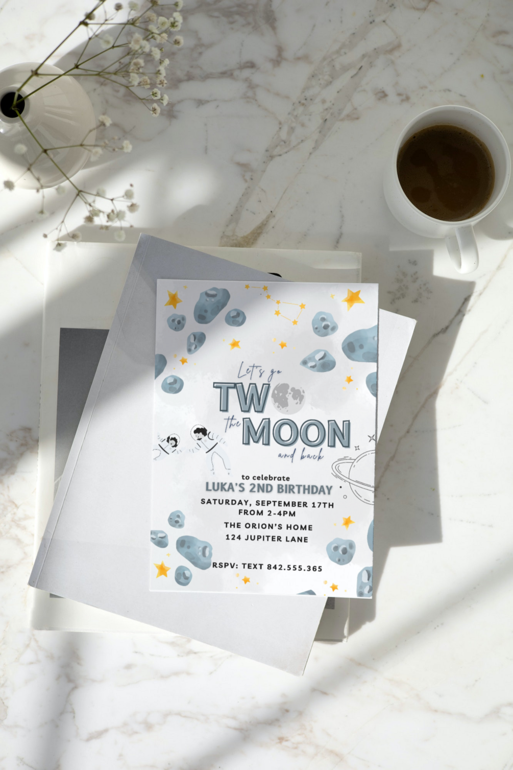 Two the Moon and Back Invitation, Space Birthday Party Invitation ...