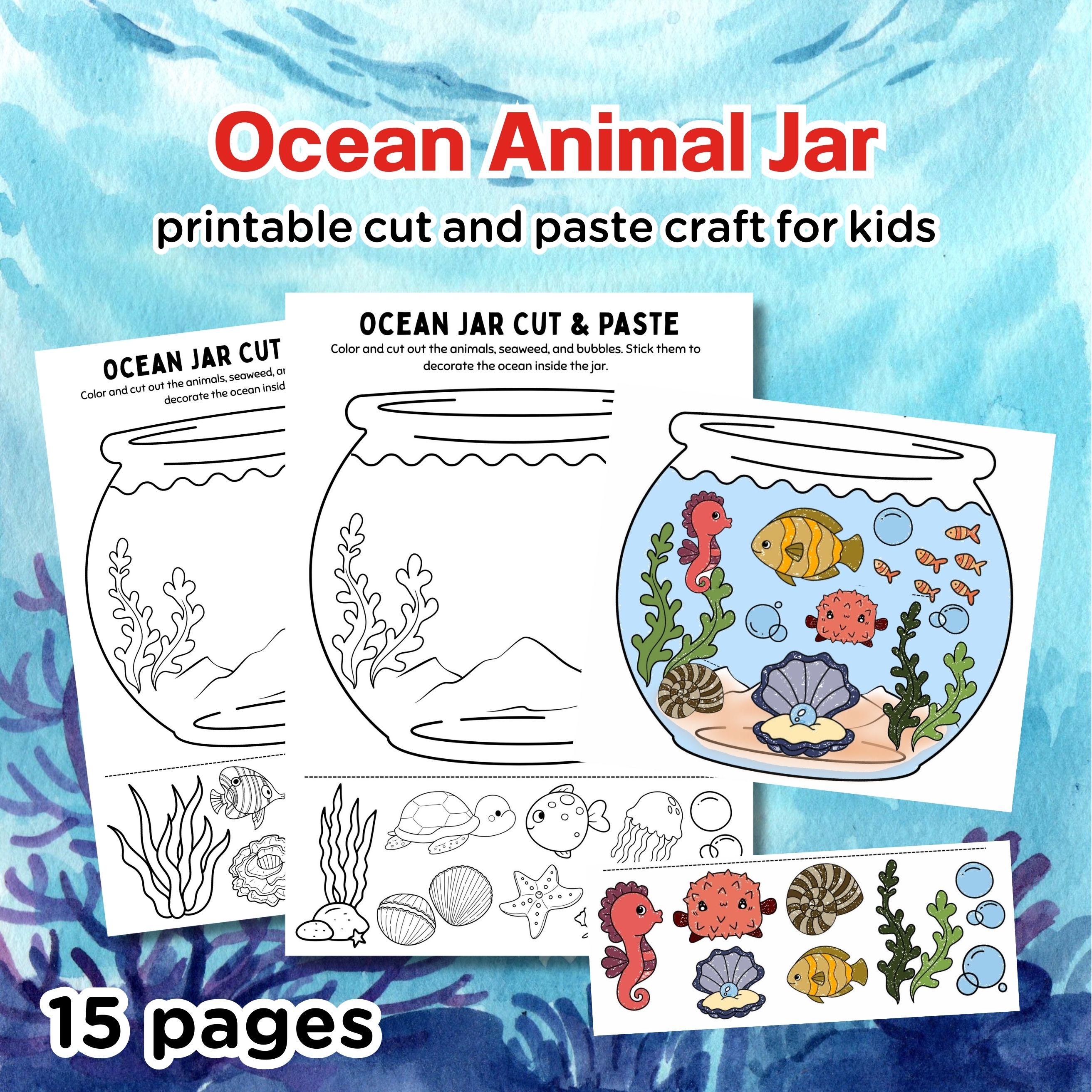 Ocean Animal Jar Craft, Cut and Paste Coloring Activity for Kids, Build ...