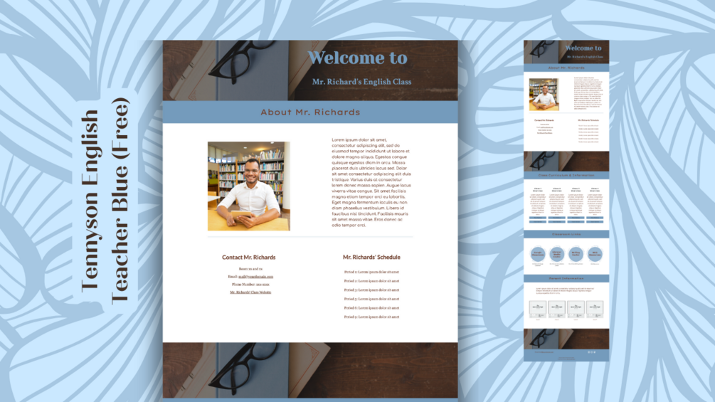 Google Sites Template for Teachers: Tennyson English Teacher Free (Blue)
