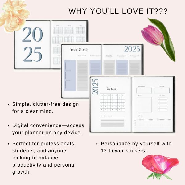 2025 Digital Planner Bundle (Landscape) + Watercolor Flower Stickers