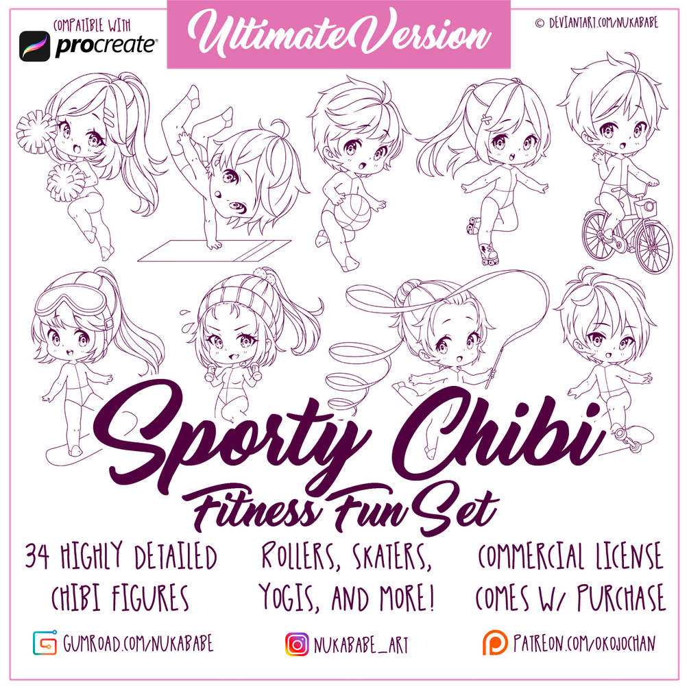 34 Procreate Stamps - Sporty Chibi Poses [+PNG]