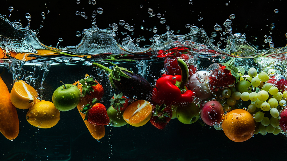 Fruit and vegetables splash into water illustration
