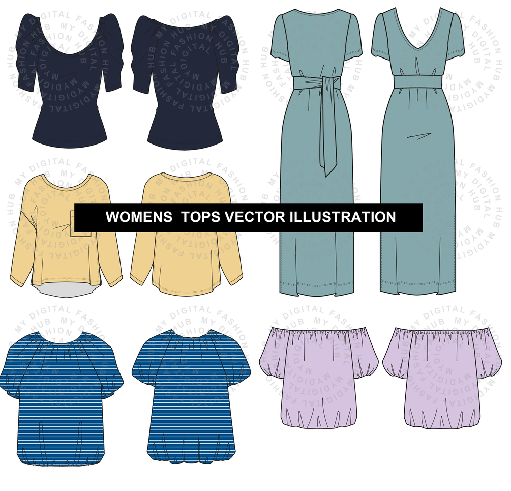 Women’s Tops Vector Illustration Pack | Fashion Flat Sketches (AI)