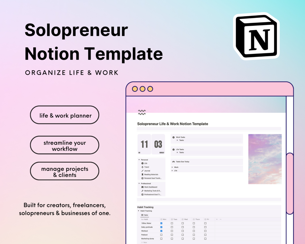 Notion Template | Solopreneur Life & Work Notion Template