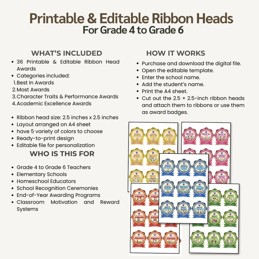 Printable & Editable Ribbon Heads for Grade 4-6