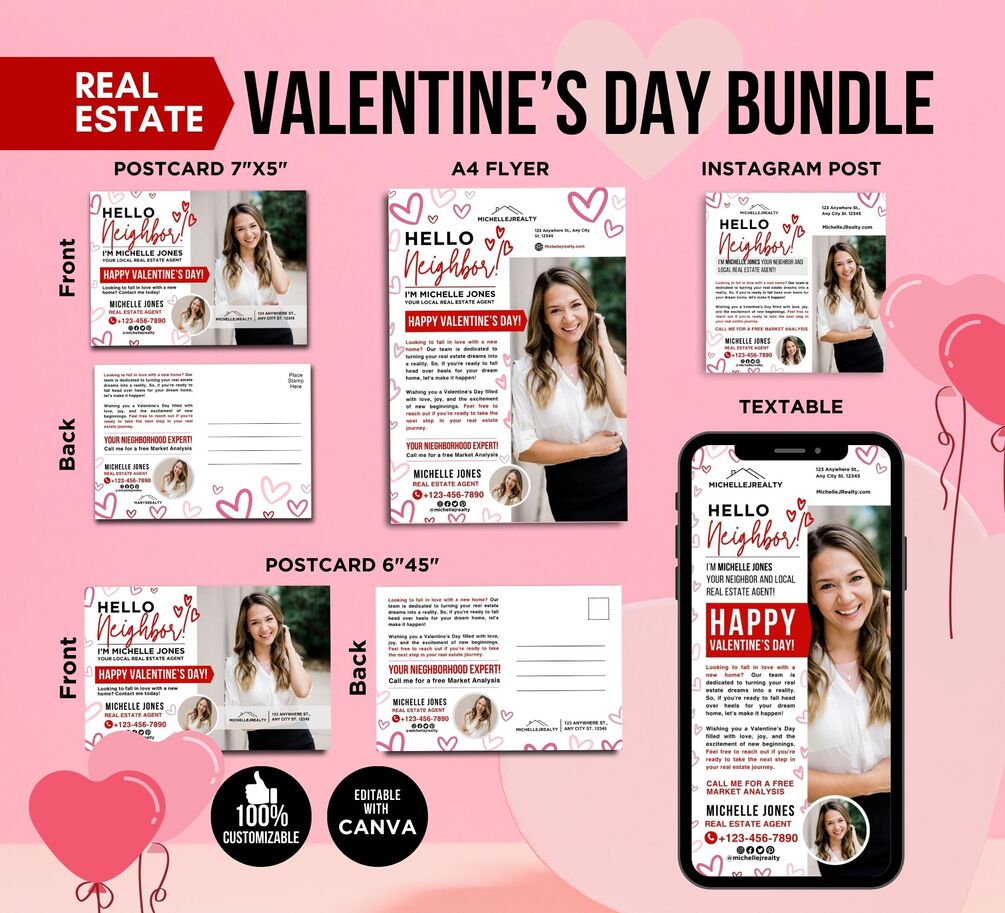 February Valentines Day Real Estate Postcard Templates Text Message ...