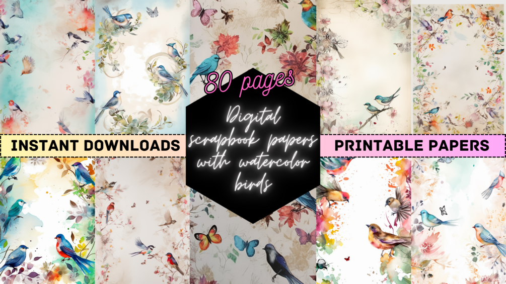 Digital scrapbook papers with watercolor birds (80), printable ...