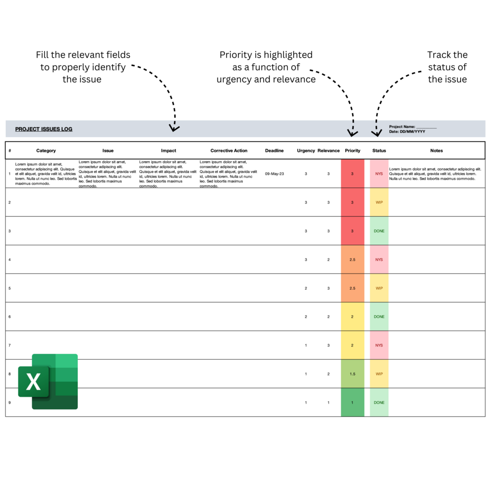 Project Issues Template in MS Excel