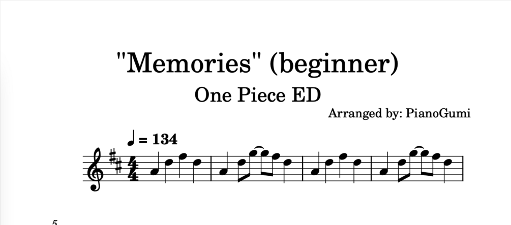One Piece ED - "Memories" - BEGINNER Piano Sheet Music