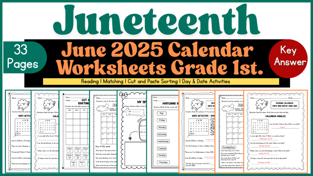 June 2025 Calendar and Juneteenth Worksheets for First Grade ...