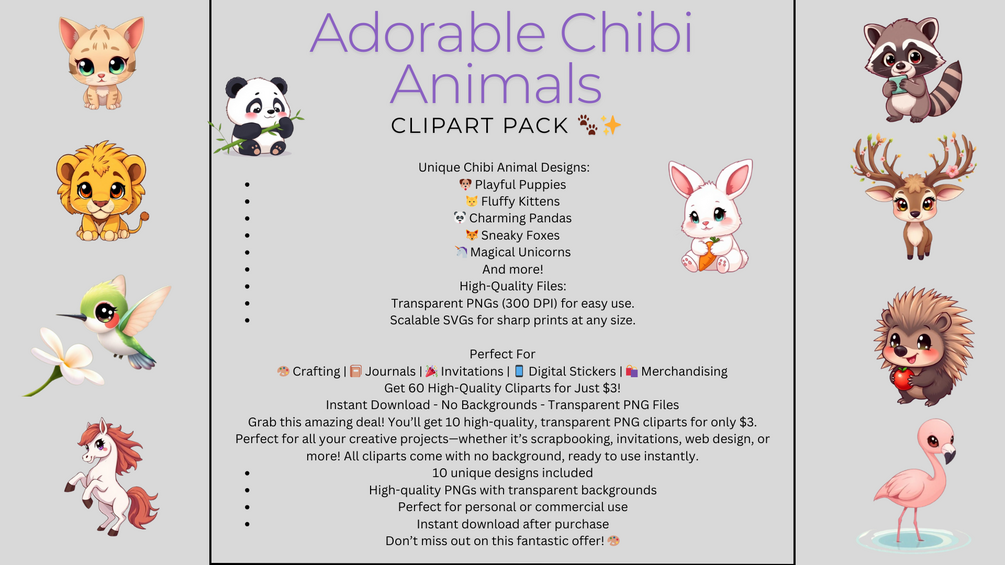 Adorable Chibi Animals Clipart Pack of 60