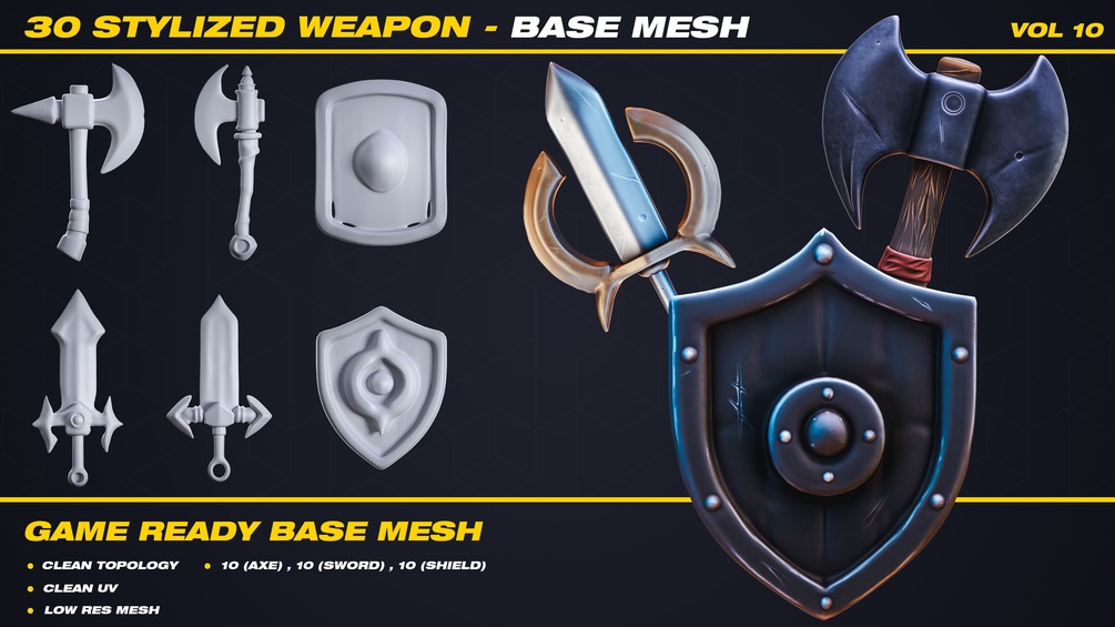 30 Stylized Weapon Base Mesh - Vol 10 ( Game Ready )