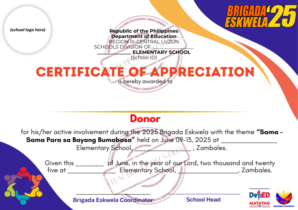 Certificate for Brigada Eskwela Donors and Volunteers