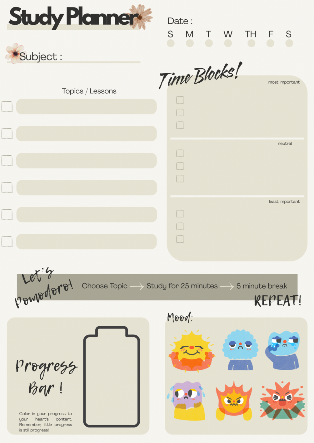 Minimalist Aesthetic Study Planner | Beige & Black | A4 Size Printable