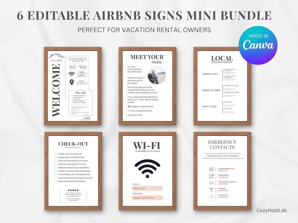 6-in-1 Editable Airbnb Signs – Canva Mini Bundle for Hosts
