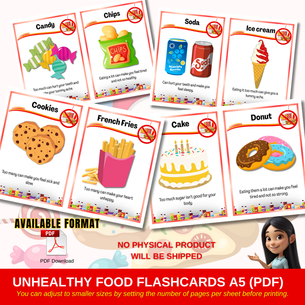 Healthy and Unhealthy Food Flashcards | 25 Pages (50 A5 Cards ...