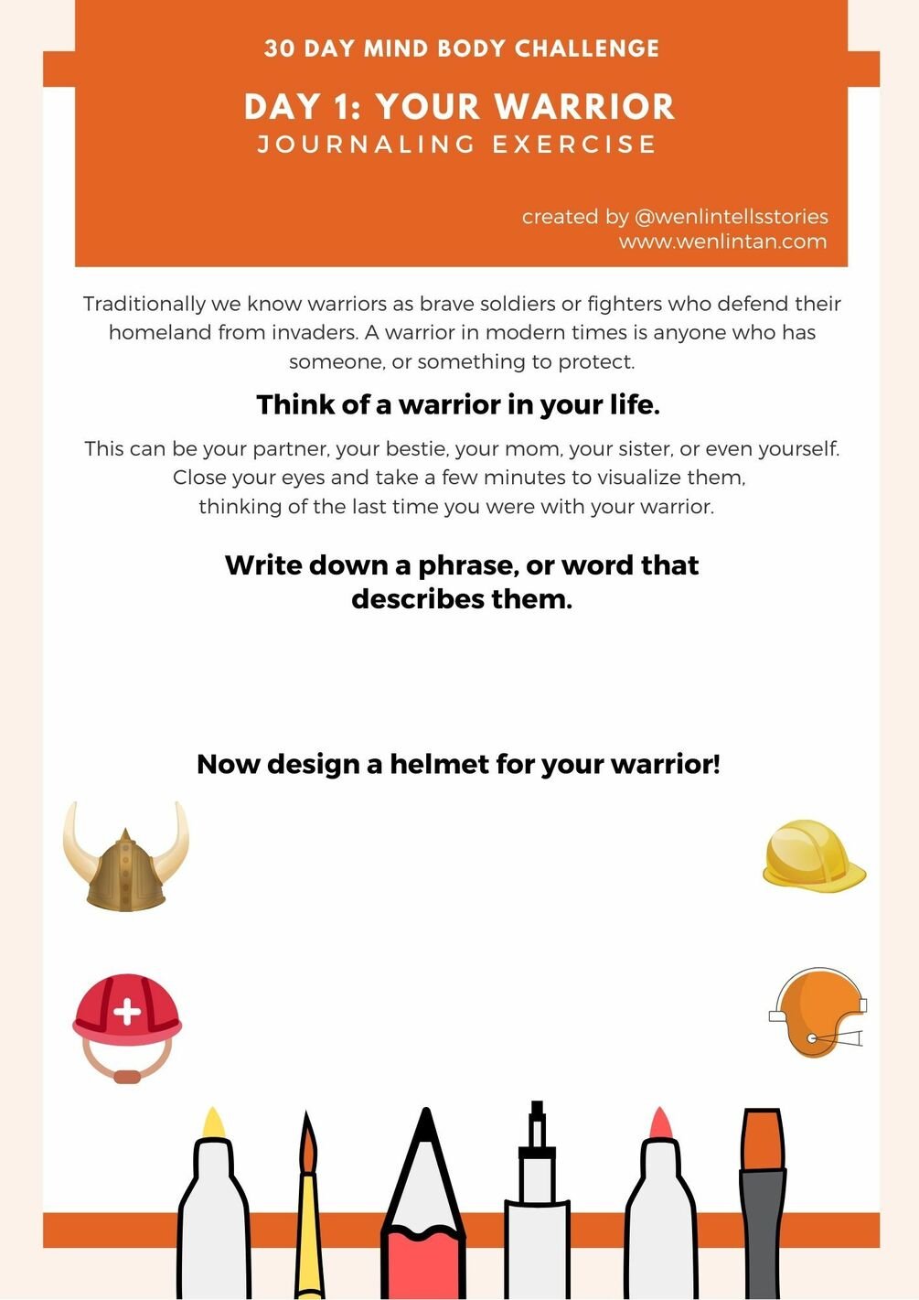 30 Day MindBody challenge: Day 1 Your Warrior Journaling worksheet