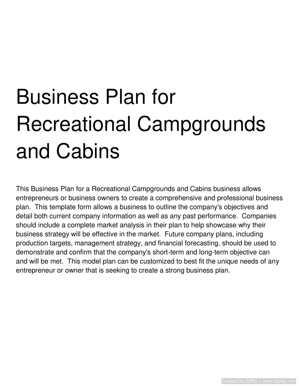 Business Plan for Recreational Campgrounds and Cabins