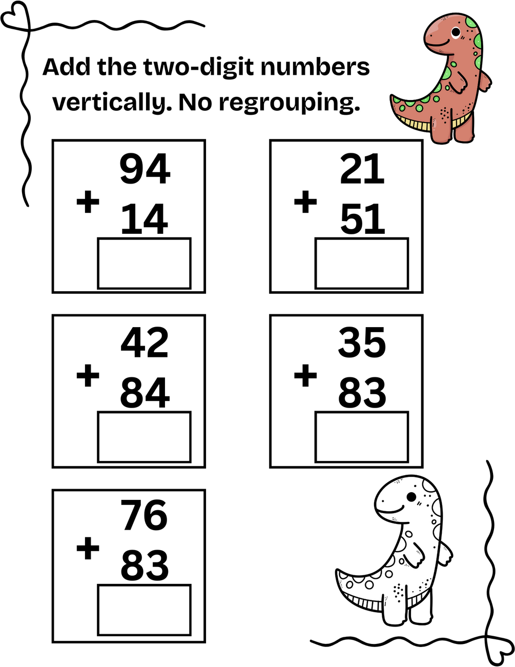 Dinosaur 2-Digit Addition Worksheets | Grade 1 Math | Regrouping + No ...
