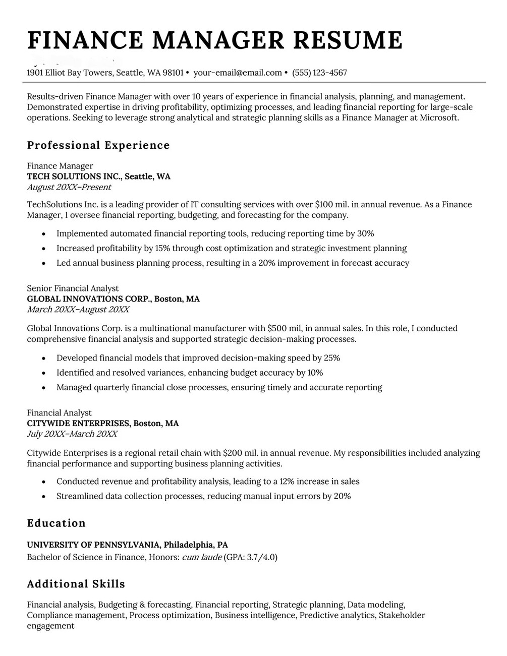 Finance Manager Resume Template | ATS Friendly | Editable in Microsoft Word