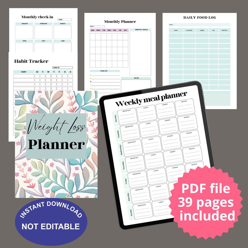 Weight Loss Planner, Printable Fitness Planner, PDF Weight Loss Journal ...