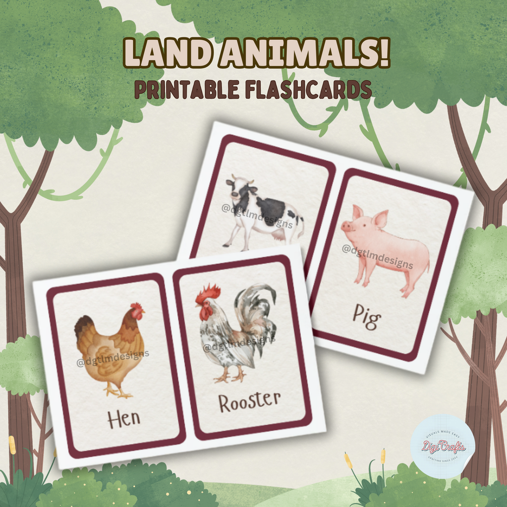 LAND ANIMALS PRINTABLE FLASHCARDS FOR KIDS AND TODDLERS BY DIGICRAFTS