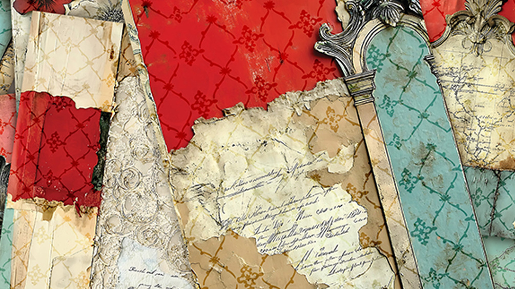 24 pc Collage with Red and Teal on Ephemera Printable Background Junk ...