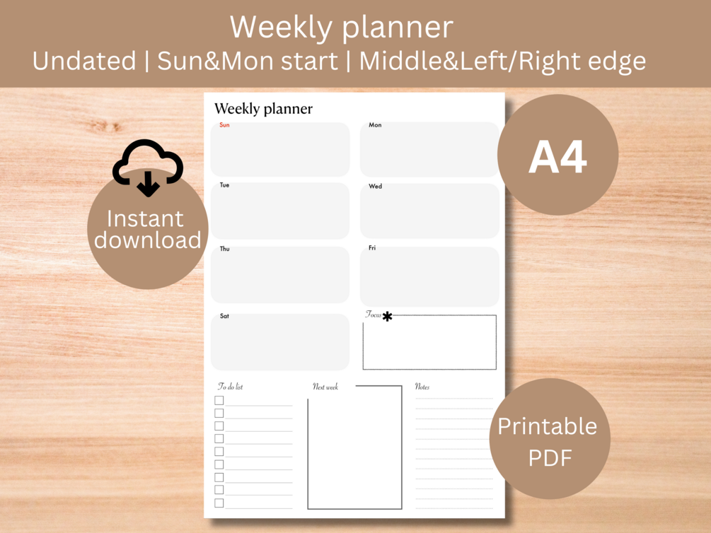 Weekly Planner, Undated Weekly Planner, Digital planner, Monday&Sunday ...
