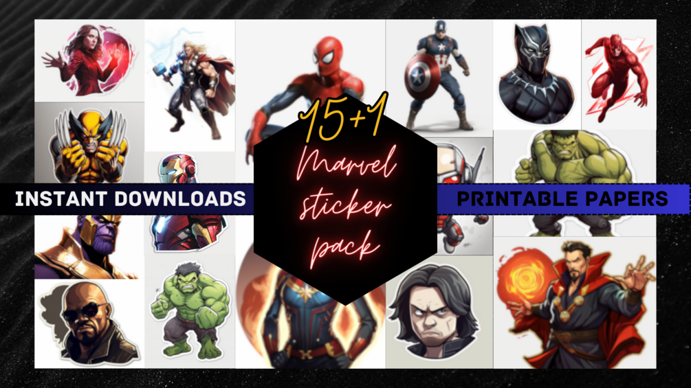 Marvel Stickers Pack (15+1), Printable stickers, Cartoon Style Super ...